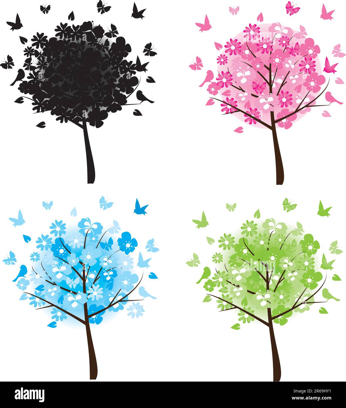 vector illustration of four different color floral tree with birds and ...