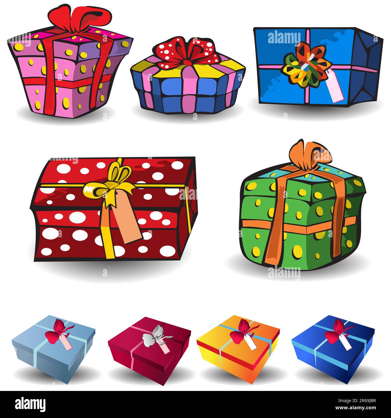 Set of nine different presents, colored vector illustration isolated on ...