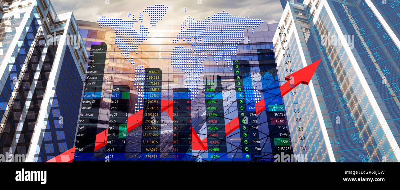 Stock exchange concept. Modern buildings, world map, data and arrow ...