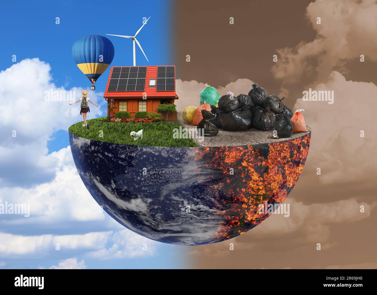 Environmental pollution. Collage divided into clean and contaminated ...