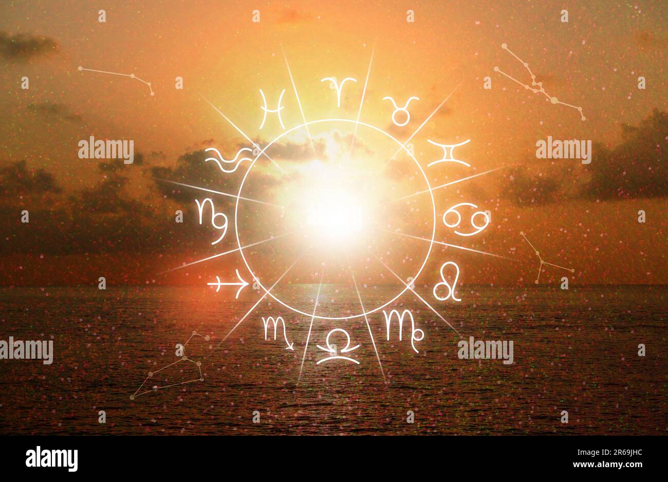 Zodiac wheel with 12 astrological signs and seascape on background ...