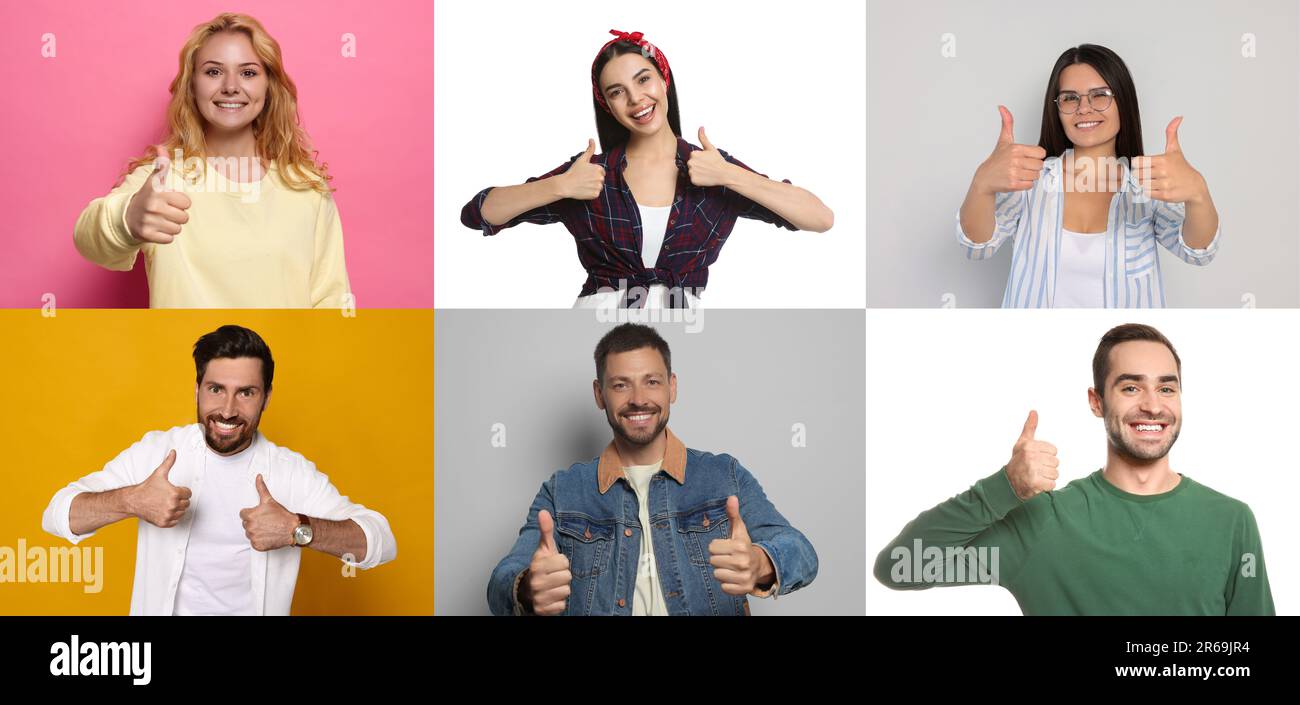 Collage with photos of people showing thumbs up on different color ...
