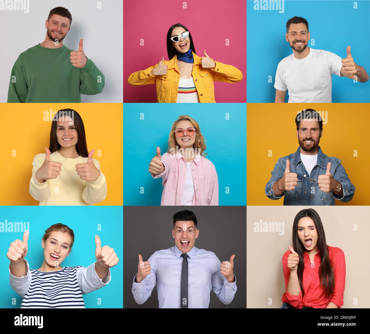 Collage with photos of people showing thumbs up on different color ...