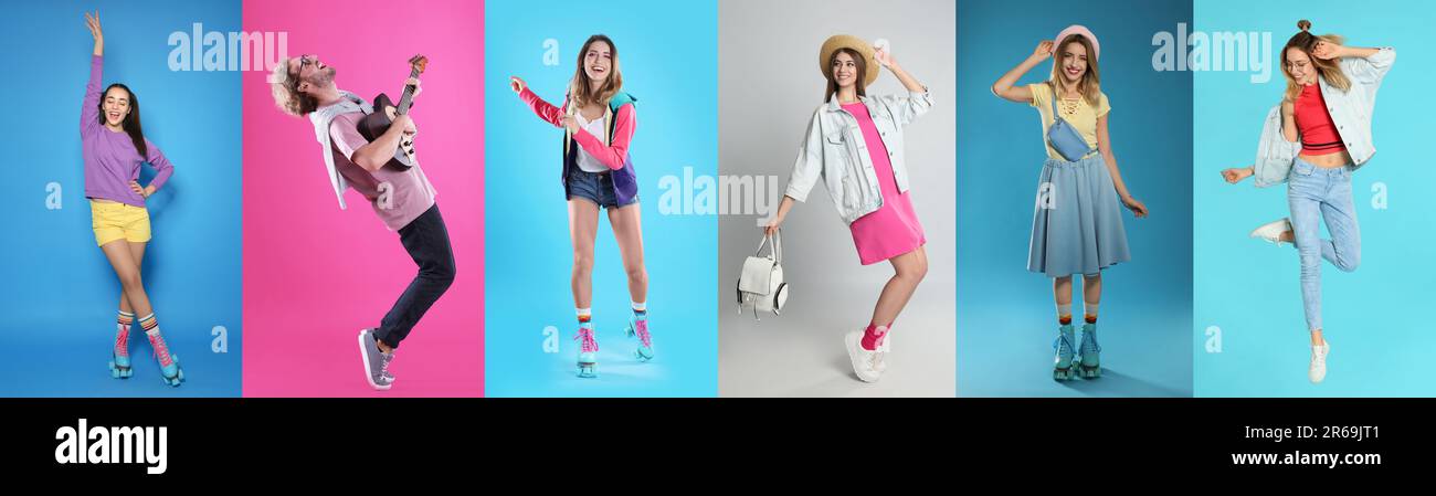 Collage with photos of people wearing trendy clothes on different color ...