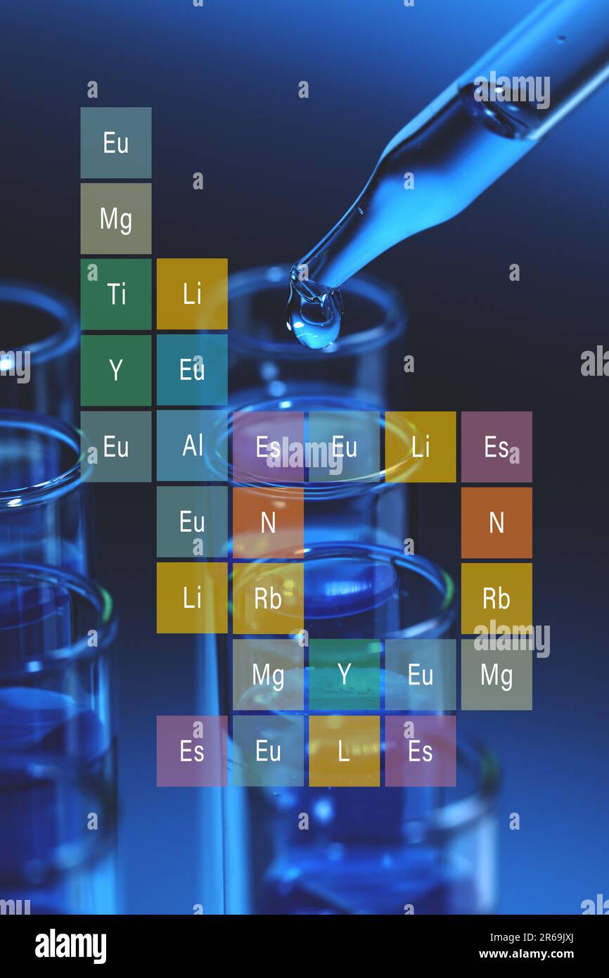 Dripping reagent into test tube and chemical elements, double exposure ...