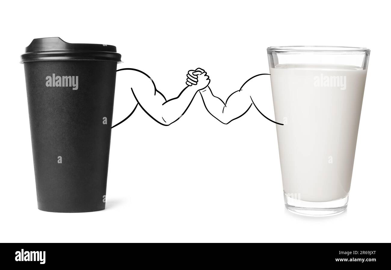 Takeaway cup of coffee and glass of milk handshaking on white ...