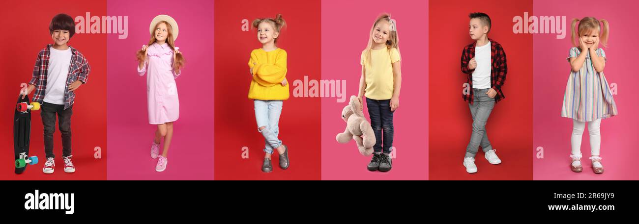 Collage with photos of kids wearing trendy clothes on different color ...