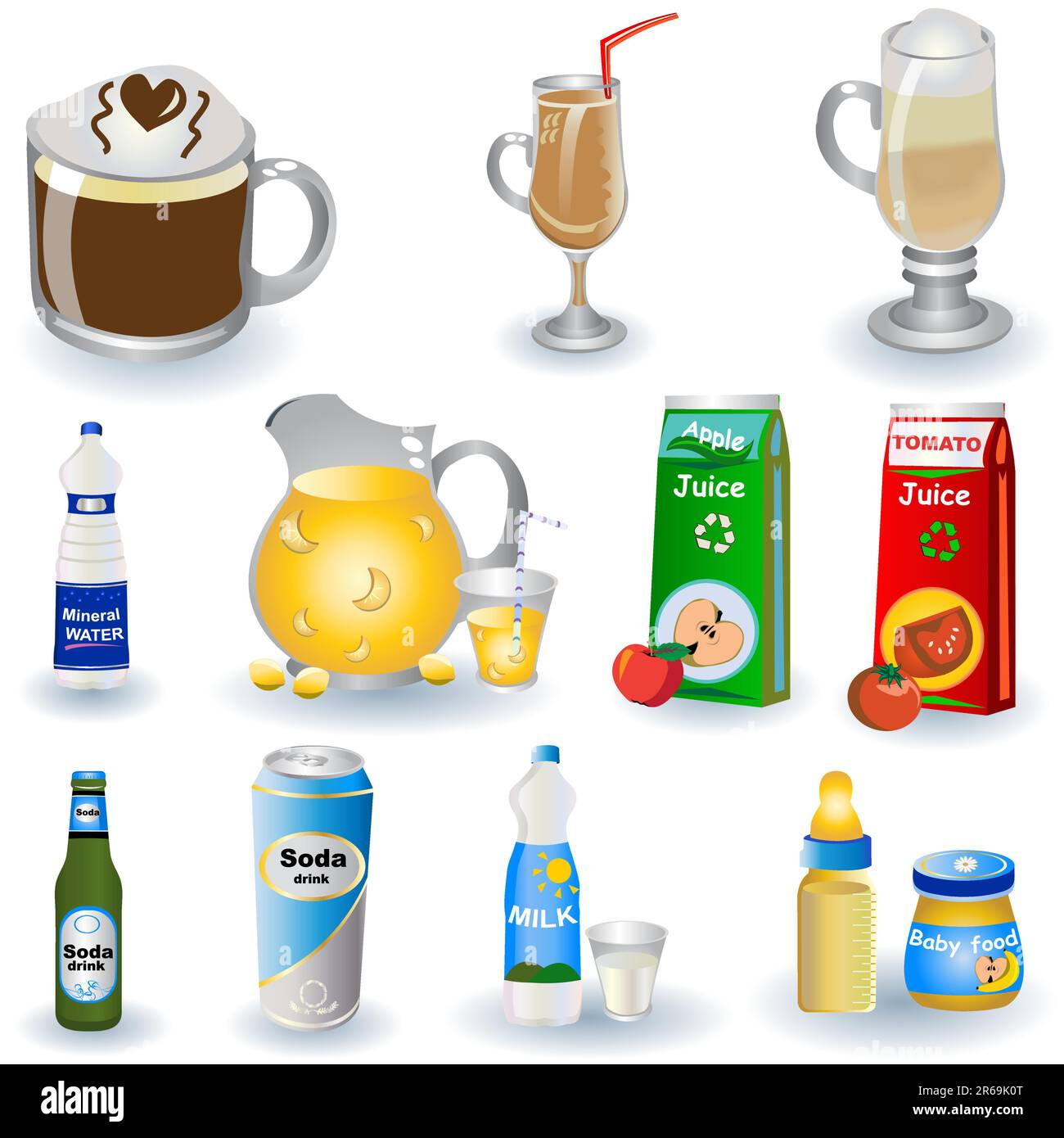 Color vector illustration of different non-alcoholic beverages isolated ...