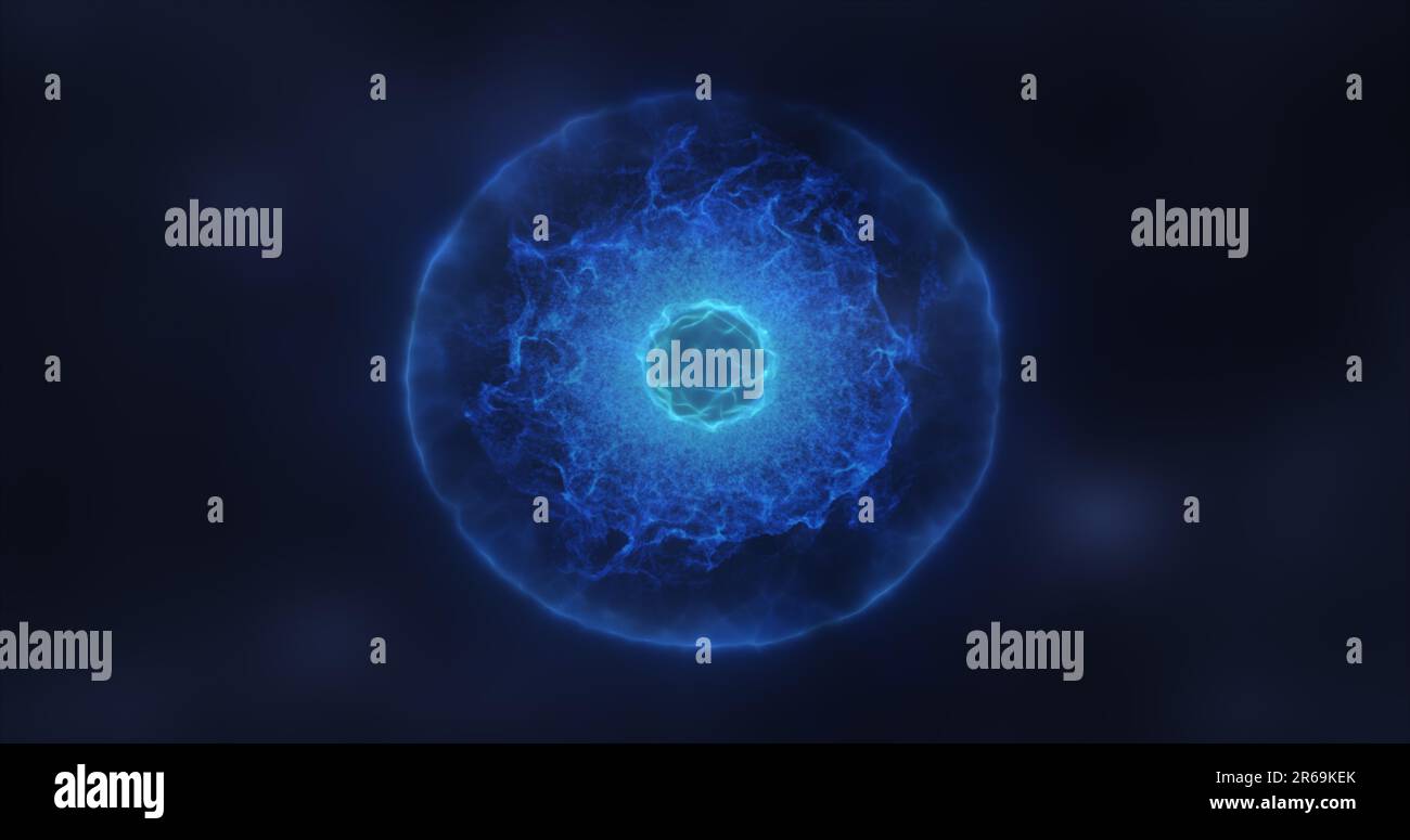 Abstract sphere atom with electrons flying glowing bright particles and ...