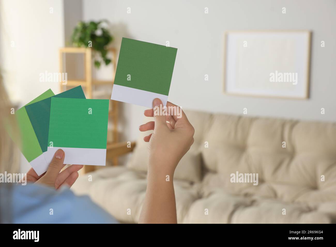 Woman with color sample cards choosing paint shade for wall in room ...
