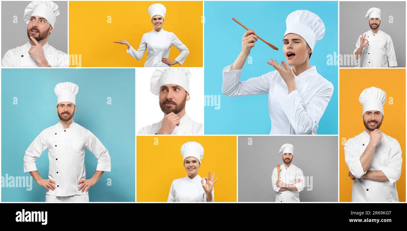 Chefs in uniforms on different color backgrounds, collage design Stock ...