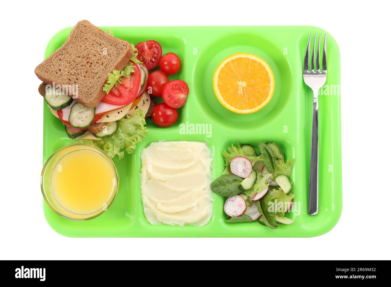 Serving tray of healthy food isolated on white, top view. School lunch Stock Photo - Alamy