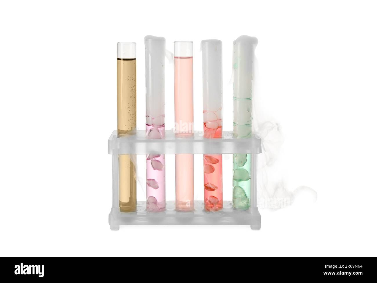 Test tubes with colorful liquids and steam isolated on white. Chemical ...