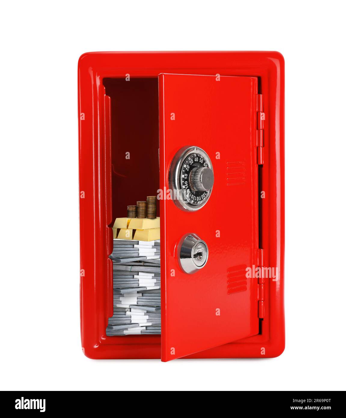 Open red steel safe with money and gold bars on white background Stock ...