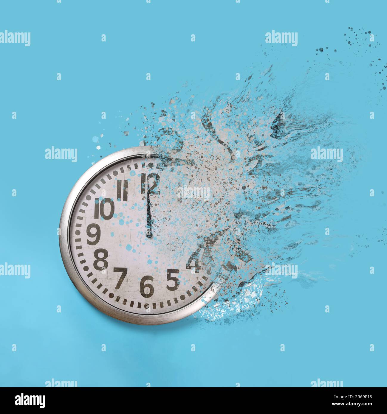 Flow of time. Analog clock dissolving on light blue background Stock ...