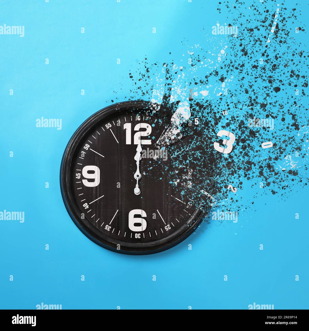 Flow of time. Analog clock dissolving on light blue background Stock ...