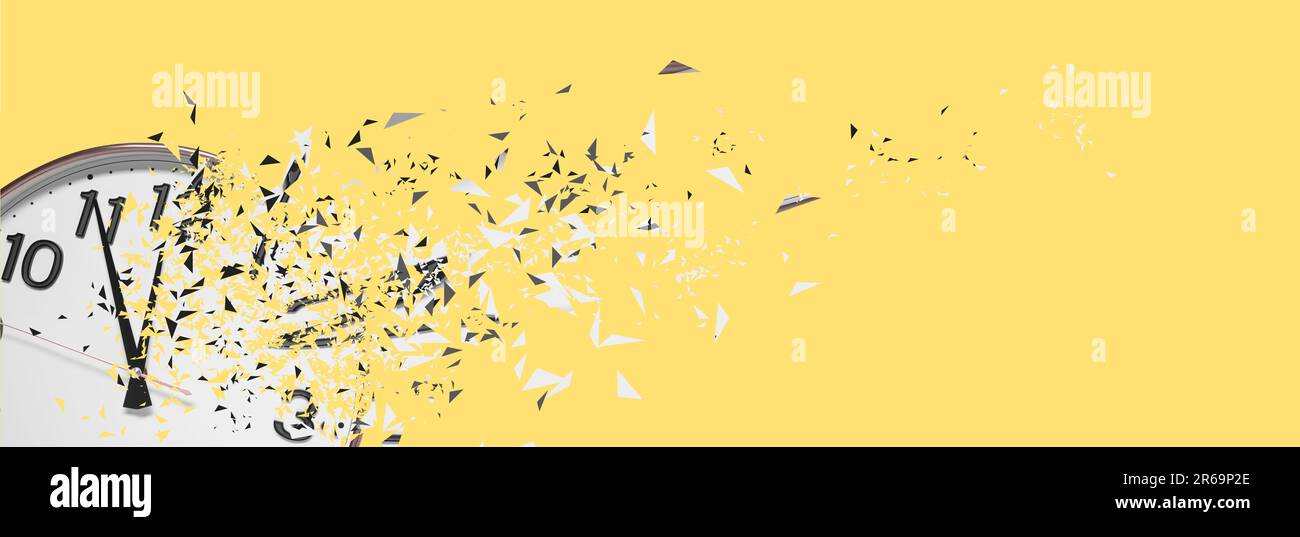 Flow of time. Analog clock dissolving on yellow background, space for ...
