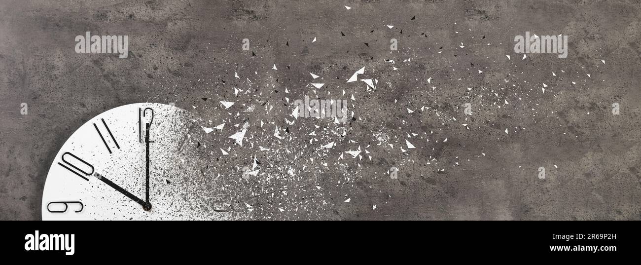 Flow of time. Analog clock dissolving on grey textured background ...