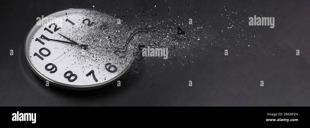 Flow of time. Analog clock dissolving on black background, space for ...