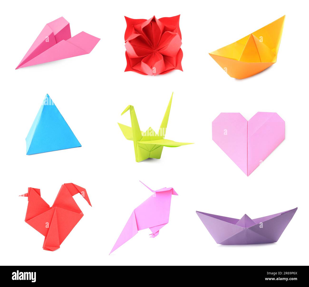Collage with many different paper figures on white background. Origami ...