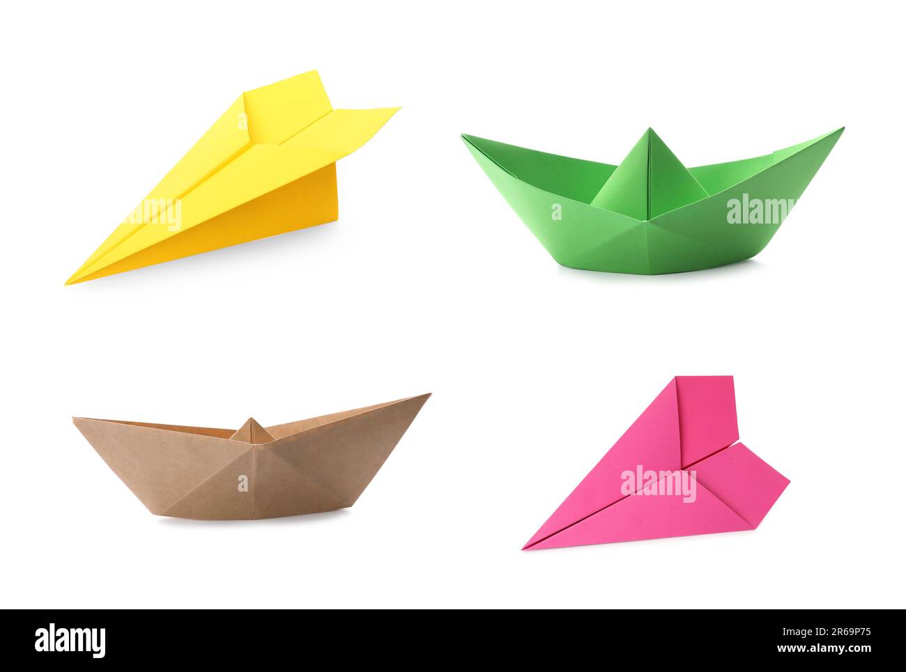 Collage with many different paper planes and boats on white background ...