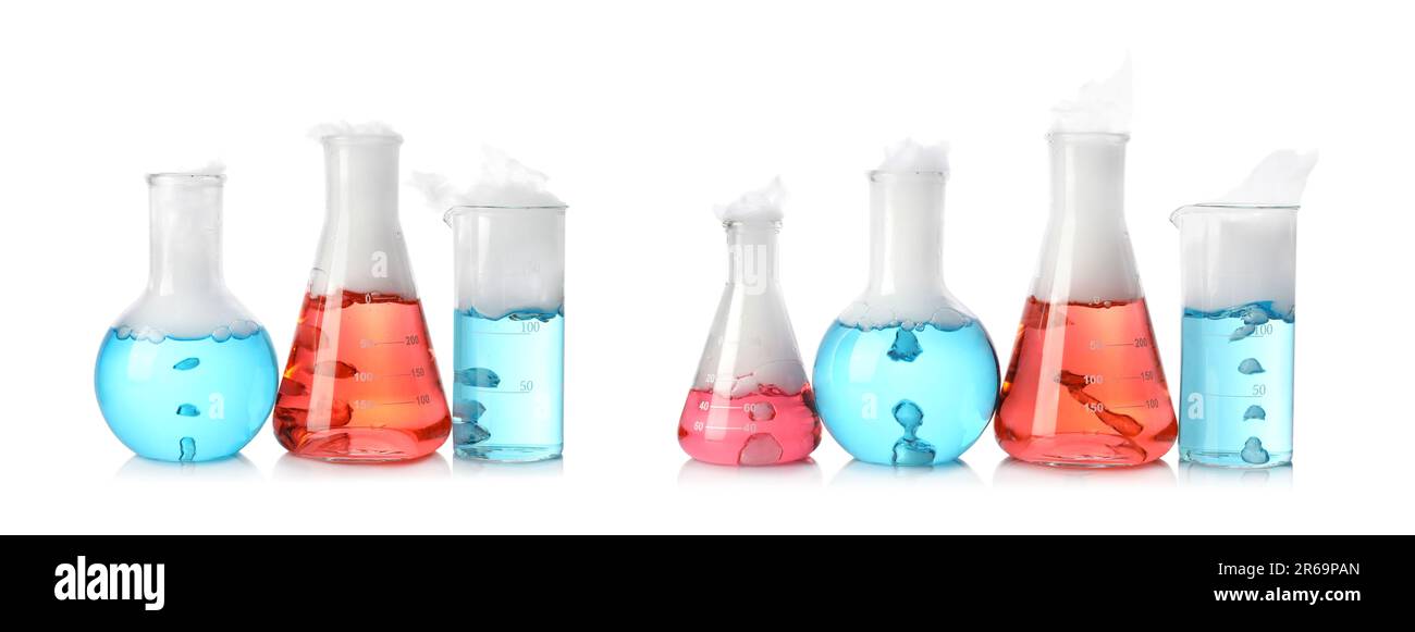 Set of laboratory flasks and beakers with colorful liquids on white ...