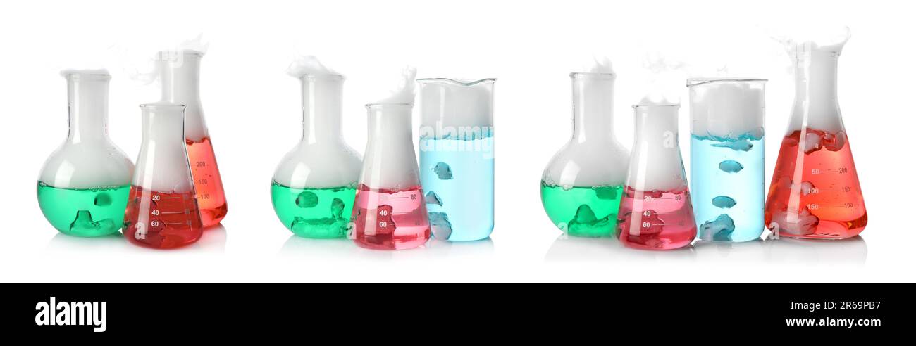 Set of laboratory flasks and beakers with colorful liquids on white ...