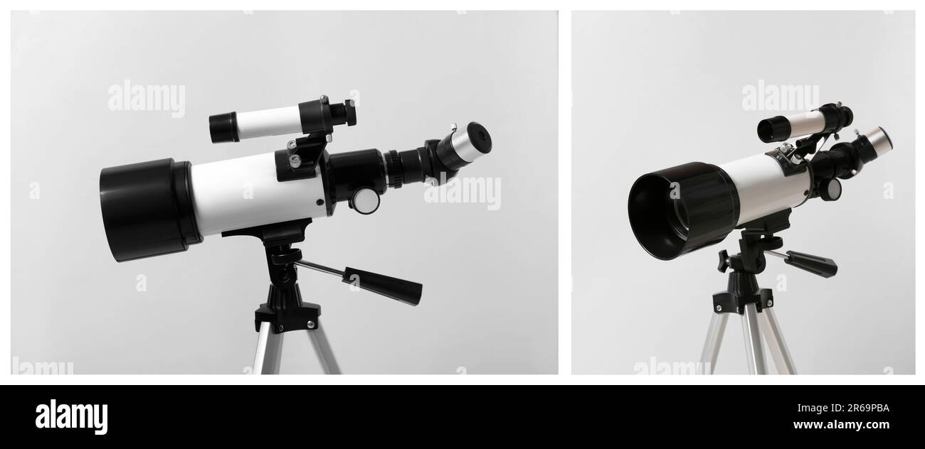 Collage with photos of modern telescope on light grey background ...
