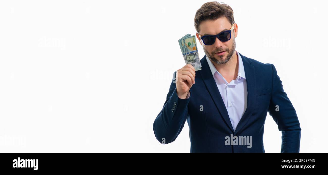 Dollar money concept. Portrait business man holding cash dollar bills ...