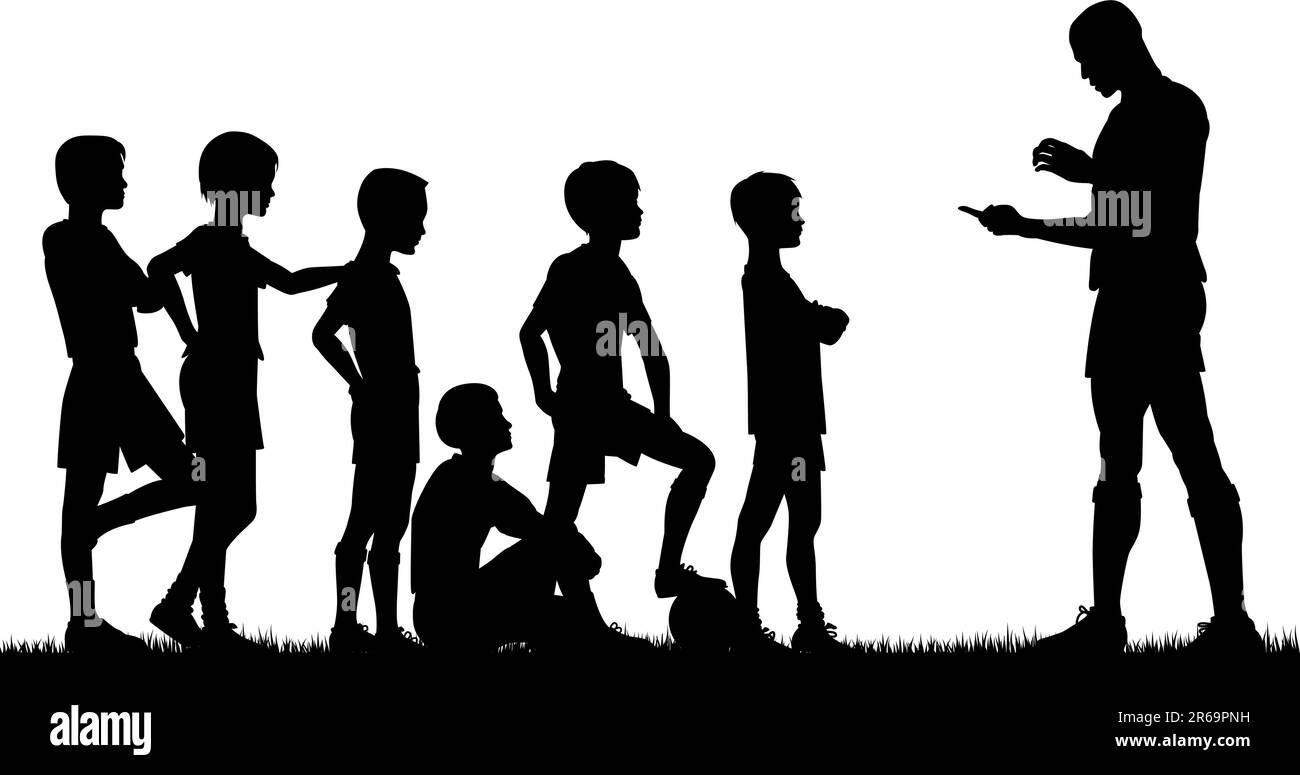 Editable vector silhouette of a man coaching children football Stock ...
