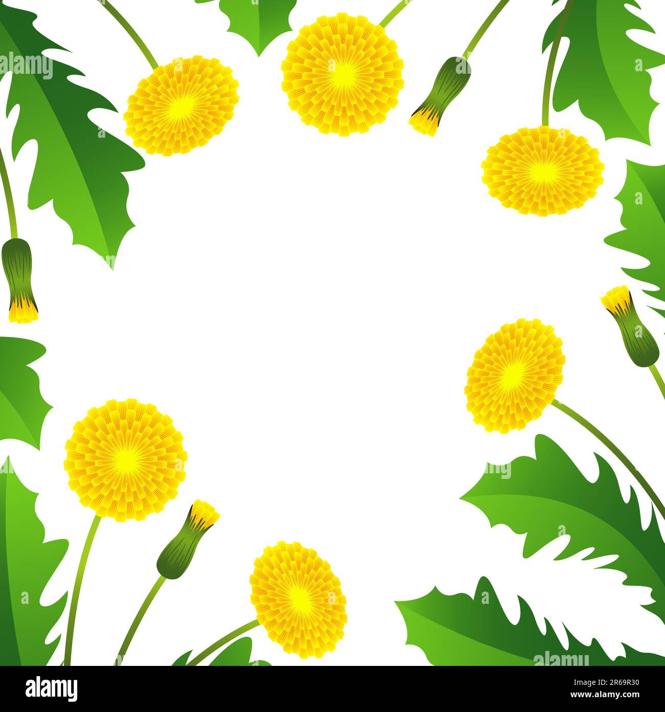 Summer background with yellow dandelions and green leaves Stock Vector ...