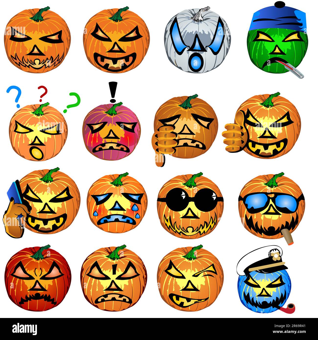 vector illustration of fourteen colored Halloween pumpkin emotions ...