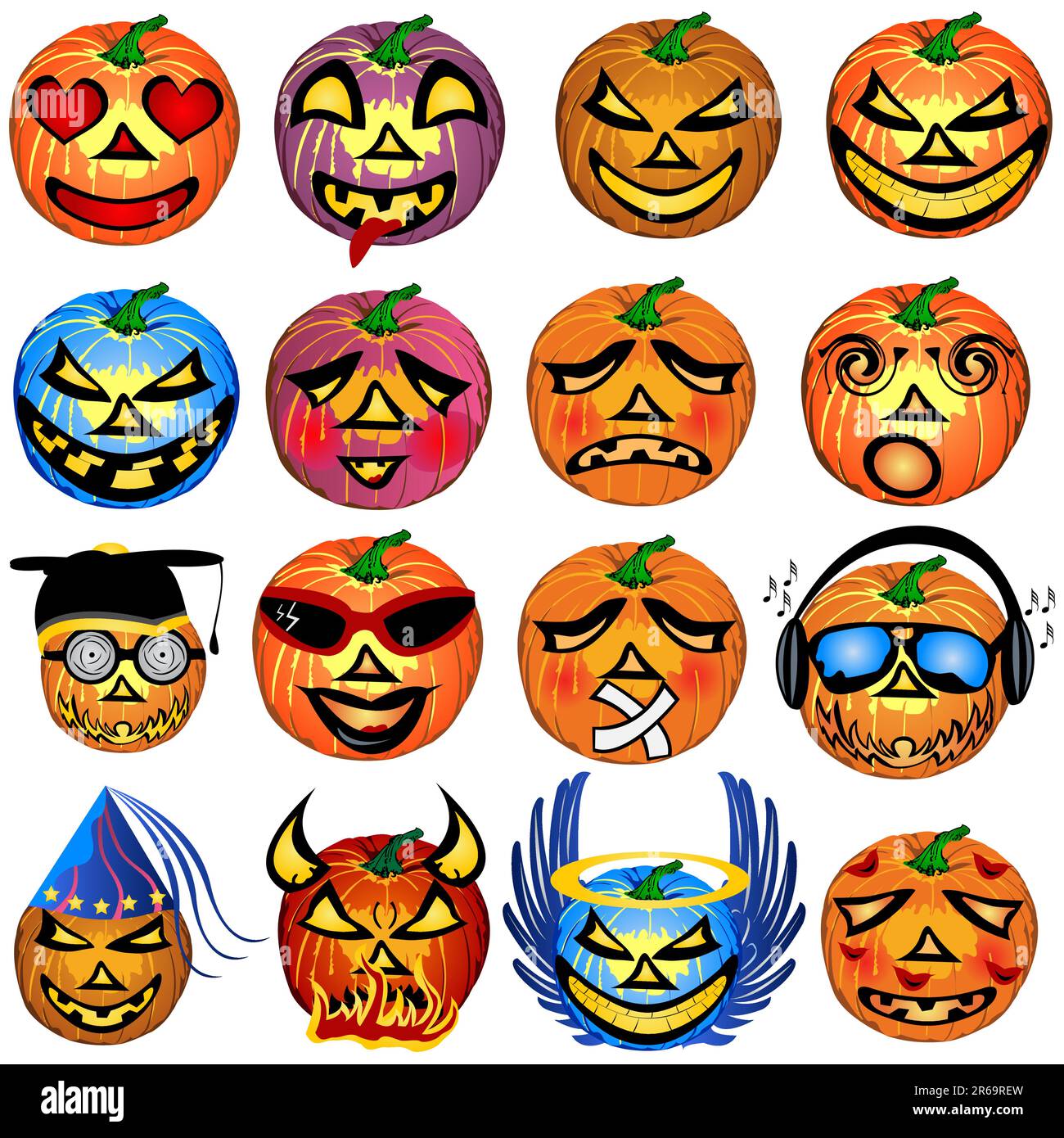 vector illustration of fourteen colored Halloween pumpkin emotions ...
