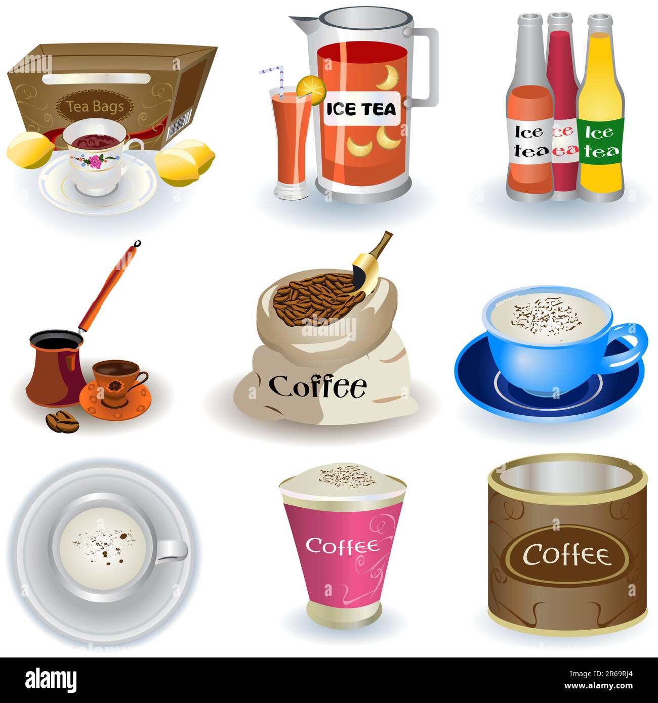 Vector illustration of different non-alcoholic beverages and related ...