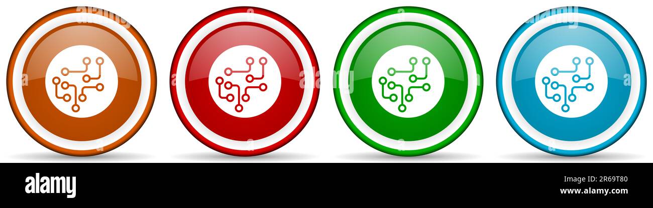 Circuit, technology, chip, processor glossy icons, set of modern design ...