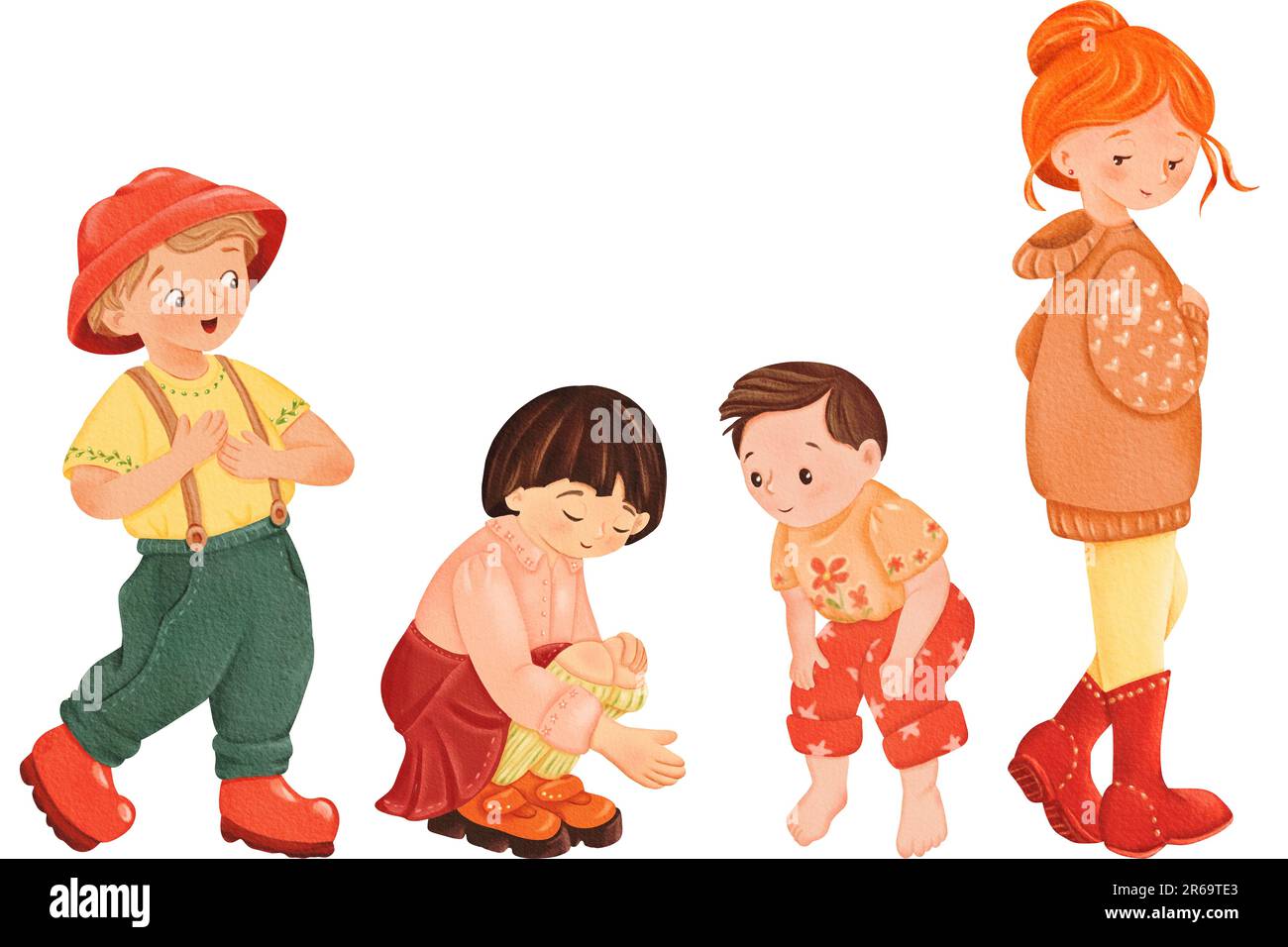 Set of pictures with children: confused cute red-haired and dark-haired ...