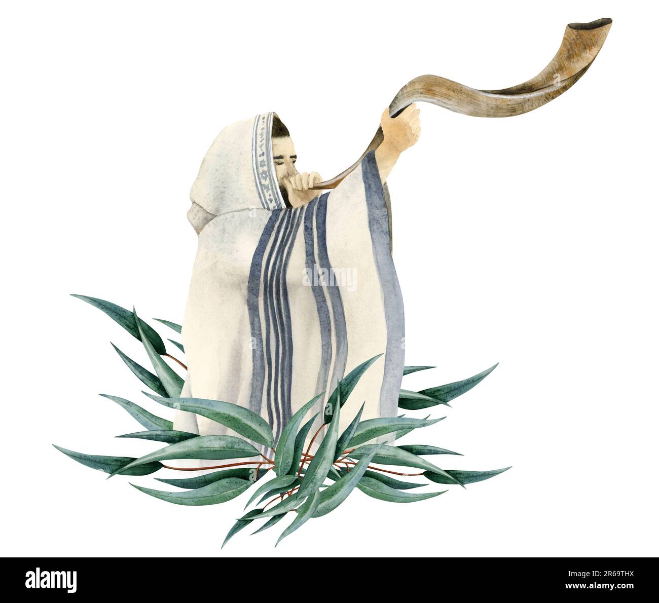 Yom Kippur shofar blowing by Jewish man in talit on Rosh Hashanah with ...