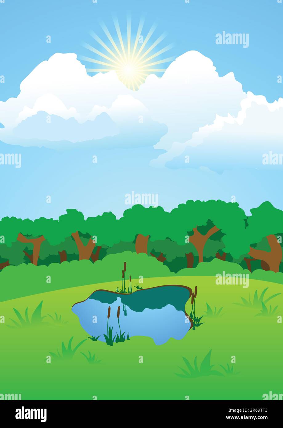 Vector illustration of forest landscape with lake Stock Vector Image ...
