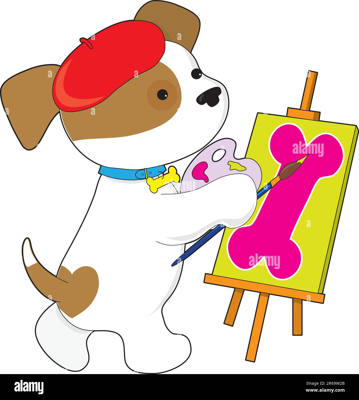 A cute puupy is painting a picture of a dog bone at an easel Stock ...