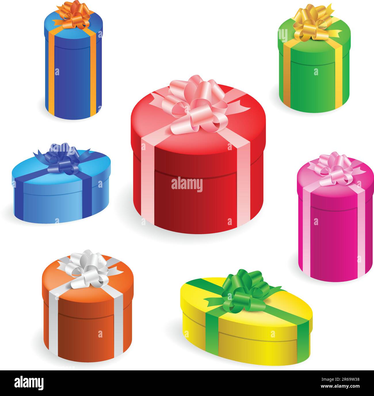 Vector illustration of 7 different round gift boxes with ribbon Stock ...