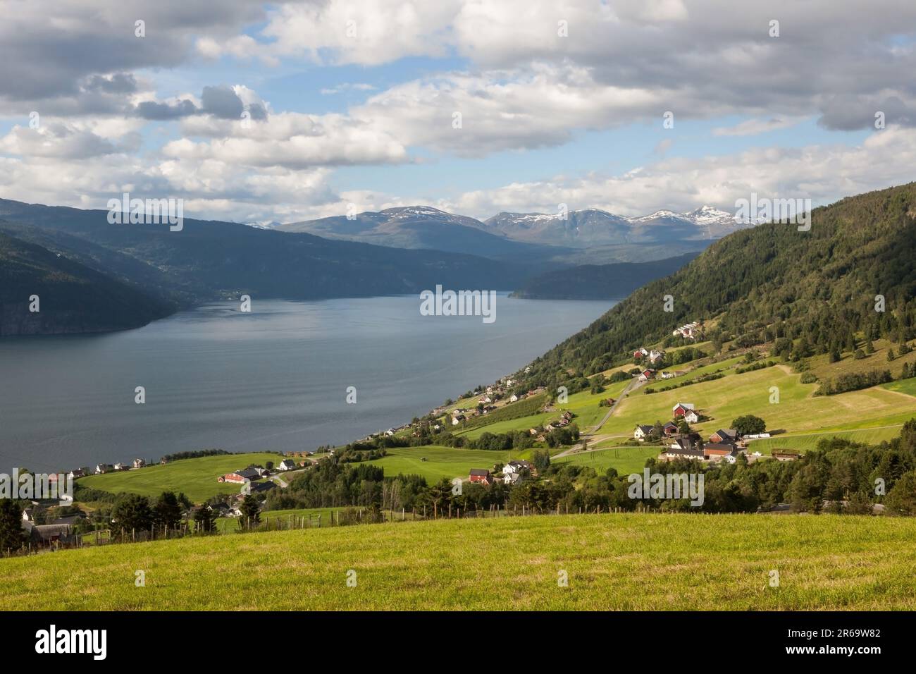 Village in Norway on the bank of the fjord. Beautiful Norwegian ...