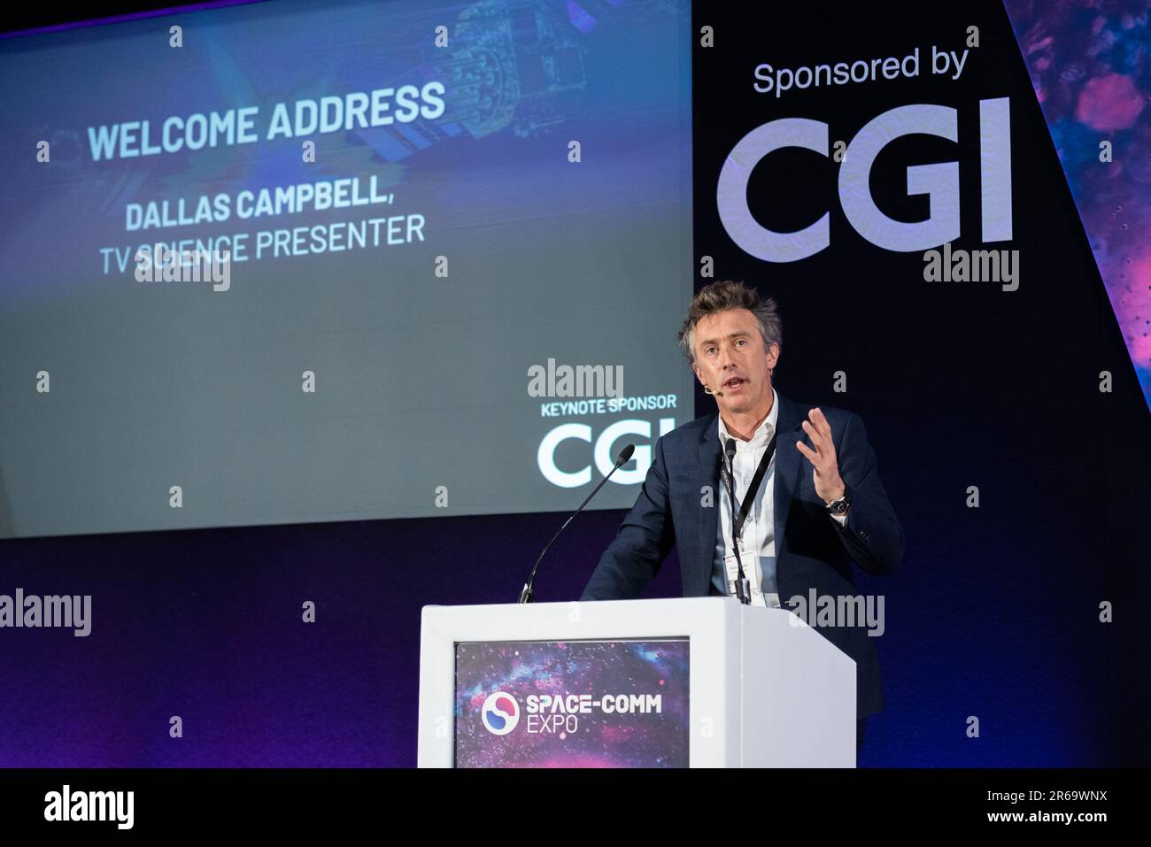 TV presenter Dallas Campbell speaking at Space-Comm Expo 2023 space ...
