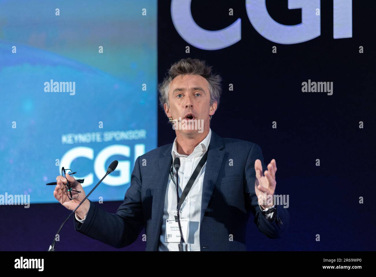 TV presenter Dallas Campbell speaking at Space-Comm Expo 2023 space ...