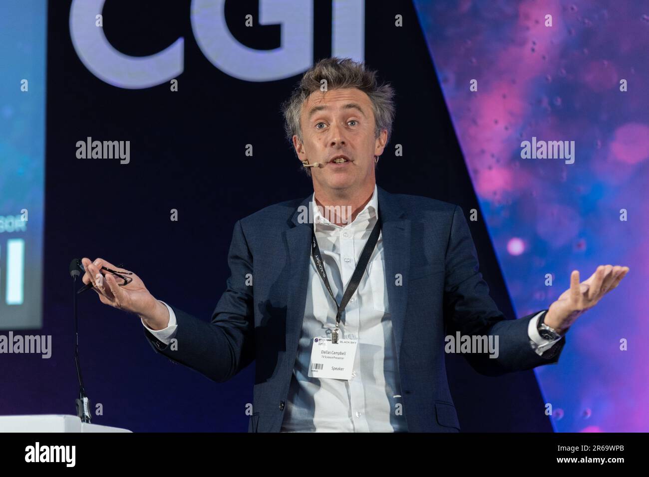 TV presenter Dallas Campbell speaking at Space-Comm Expo 2023 space ...