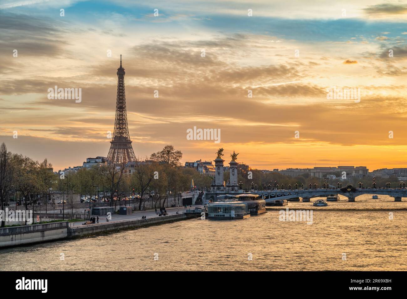 Paris France, sunset city skyline at Seine River with Pont Alexandre ...
