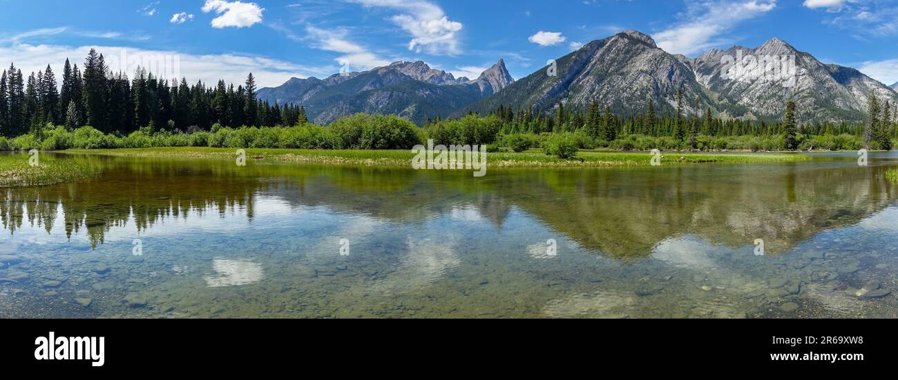 Bow River Panoramic Landscape, Distant Canadian Rocky Mountain Peaks ...