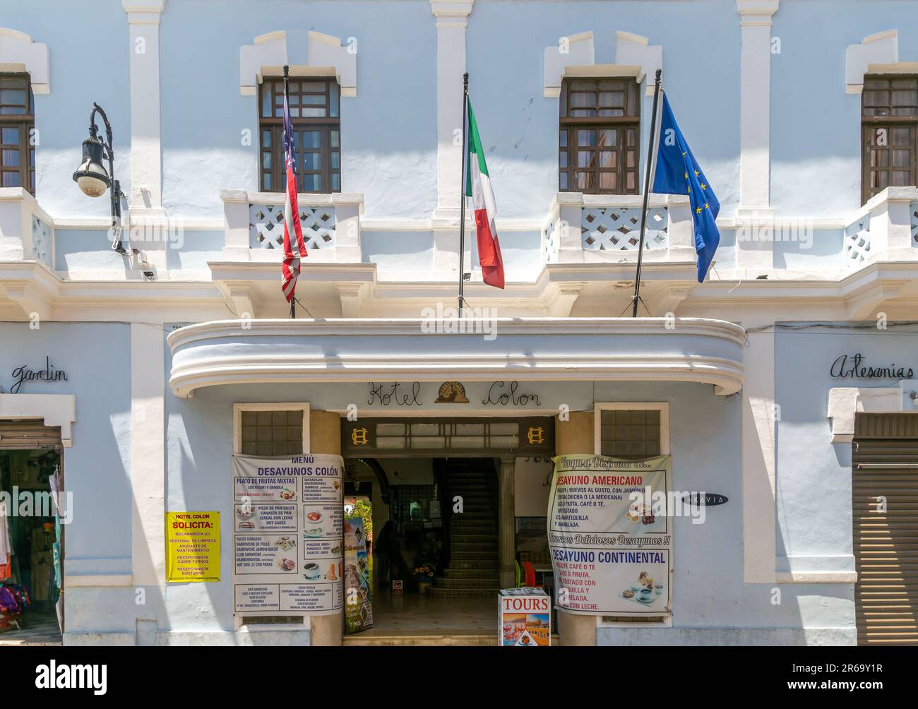 Flags flying on frontage of Hotel Colon, Merida, Yucatan State, Mexico ...