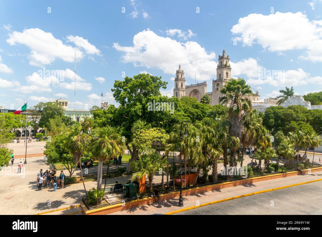 Raised view of cathedral church over Plaza Grande in city centre ...