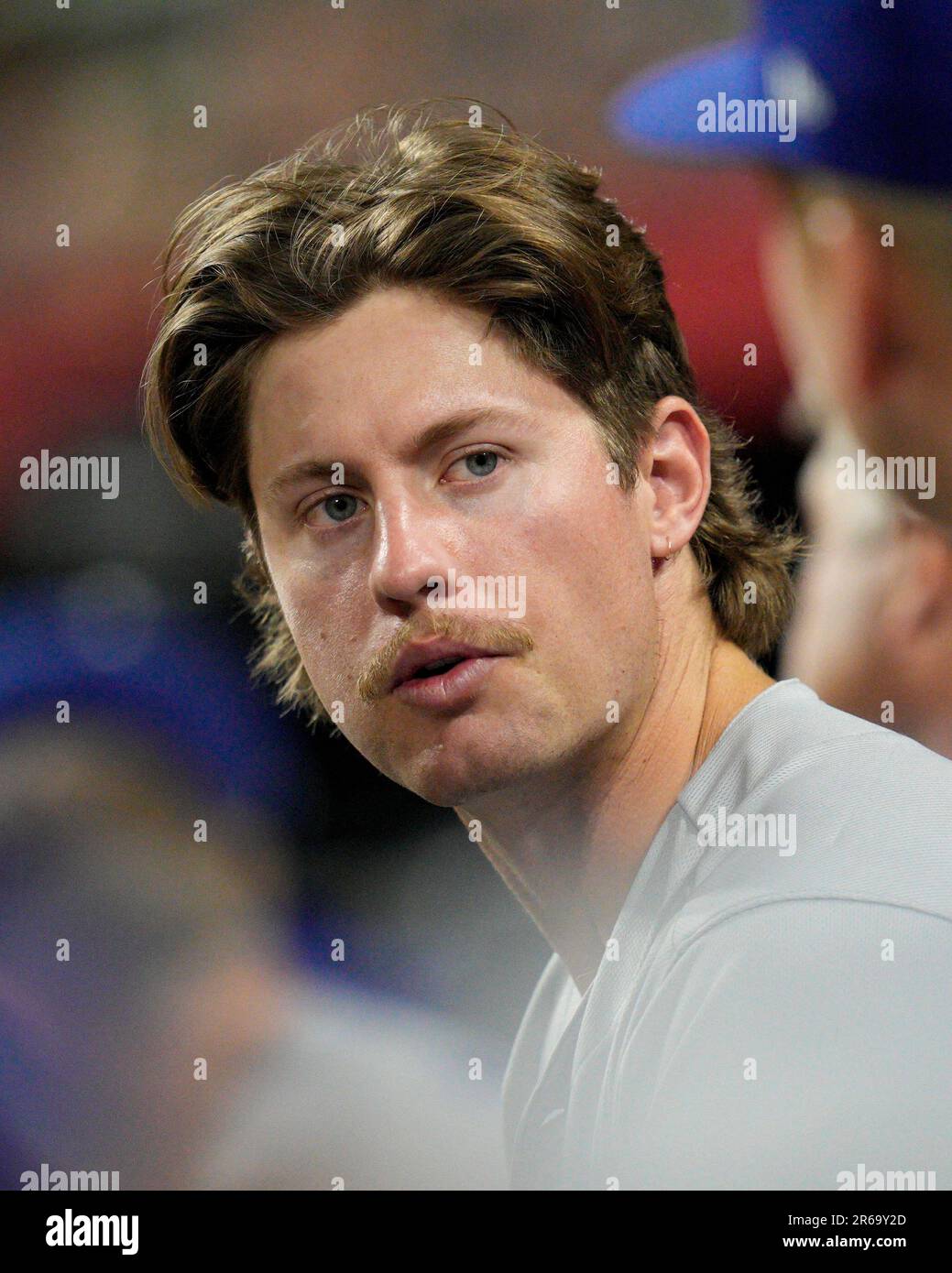 Los Angeles Dodgers' Jonny DeLuca sits in the dugout during in the ...