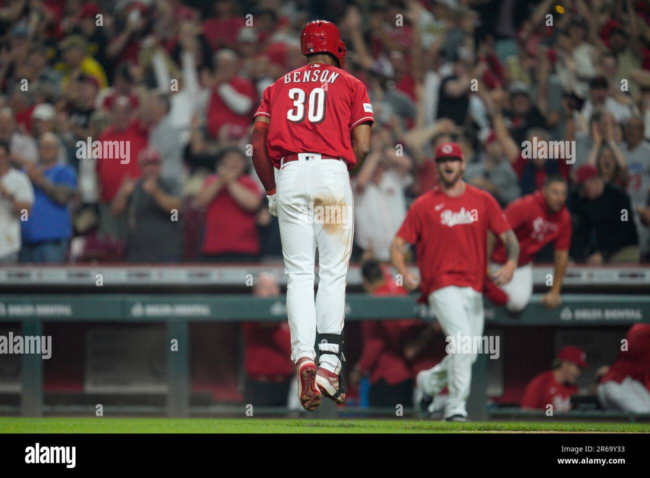 Cincinnati Reds' Will Benson (30) celebrates after hitting a walk-off ...
